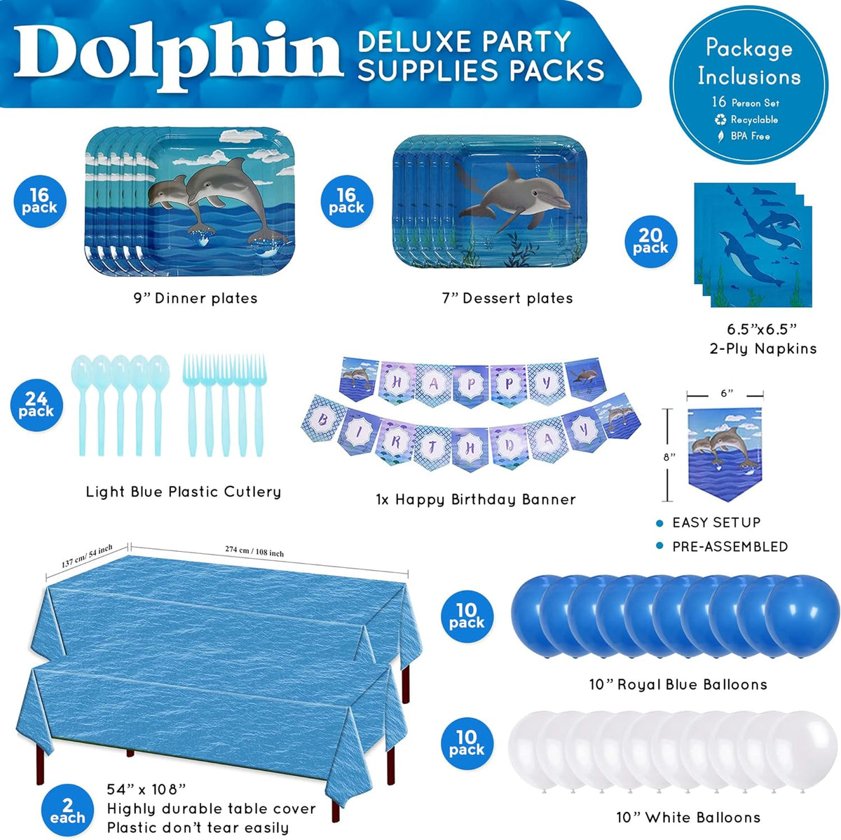 Dolphin Deluxe Party Supplies Packs (For 16 Guests) – Blue Orchards