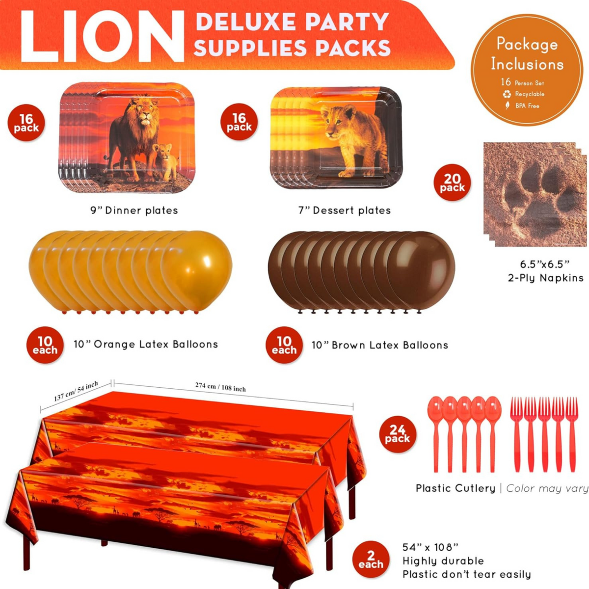 Lion Deluxe Party Supplies Packs (122 Pieces for 16 Guests) – Blue Orchards
