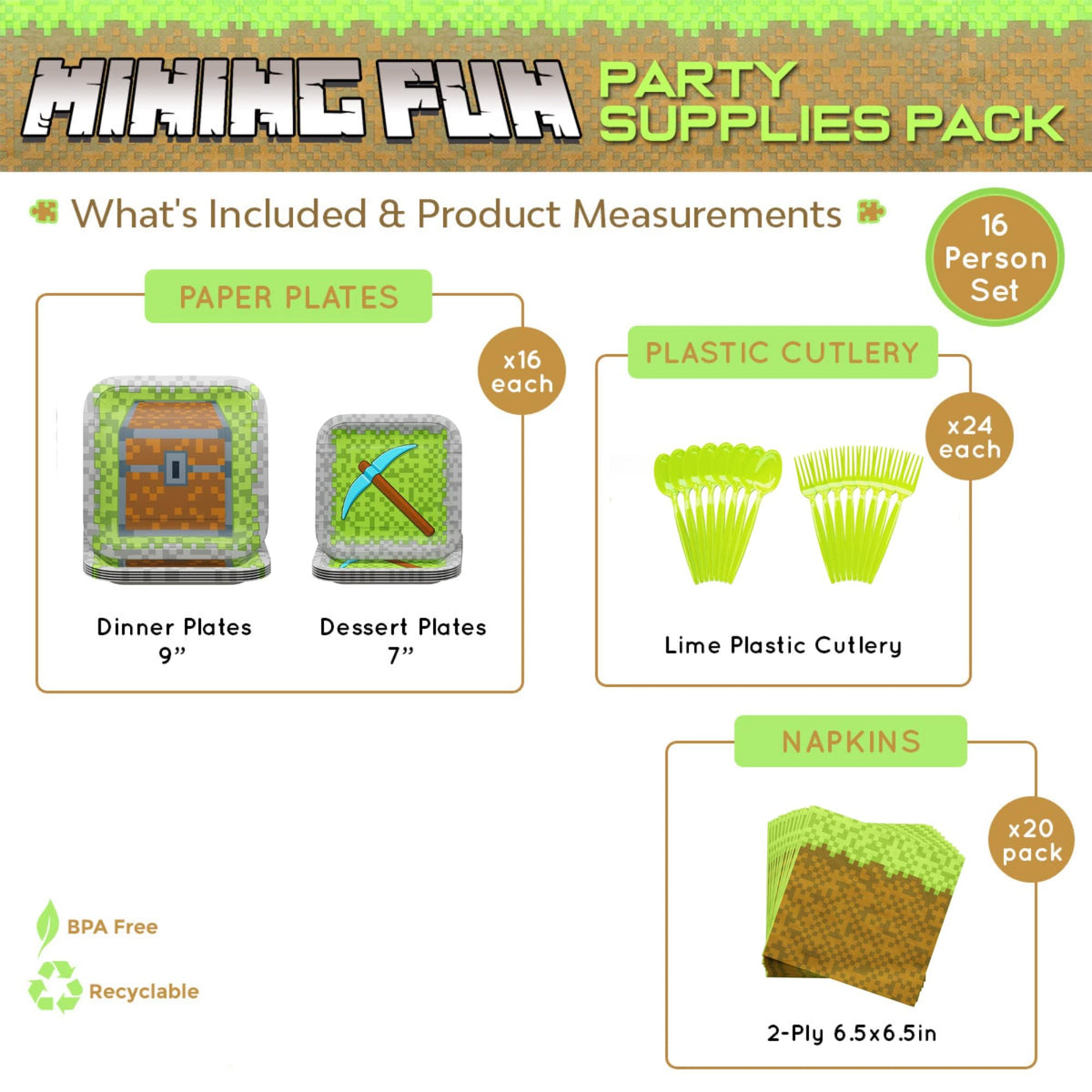 Minecraft Party Supplies, Mining Fun Standard Party Packs, Tableware ...