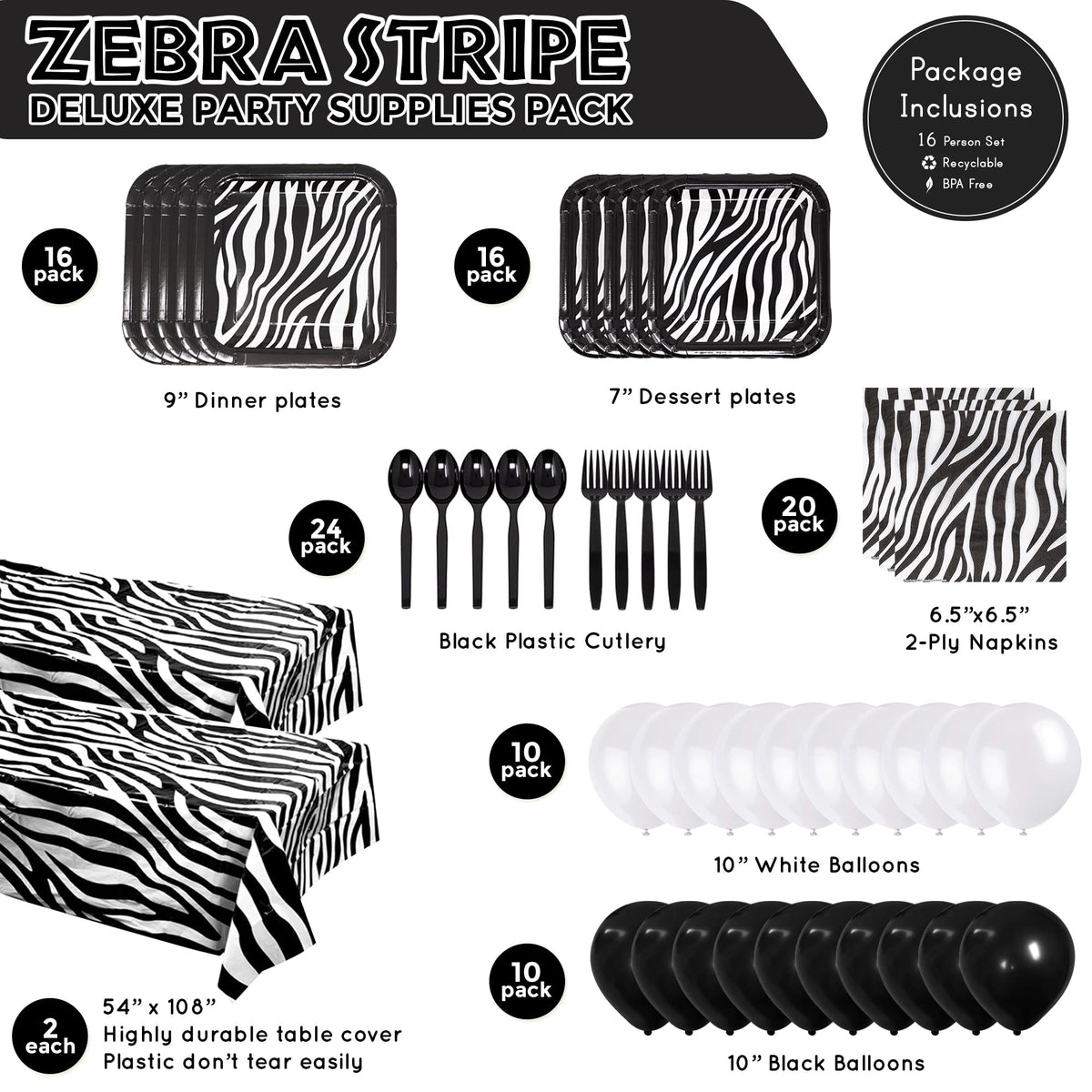 Zebra Stripe Deluxe Party Supplies Packs (For 16 Guests) – Blue Orchards